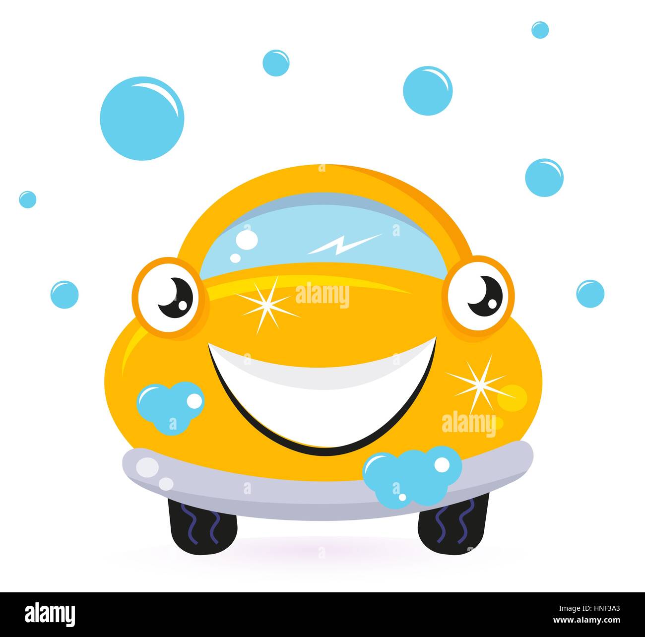 Kids auto. Happy "CUTE YELLOW Car" on white Mascot Stock Photo - Alamy