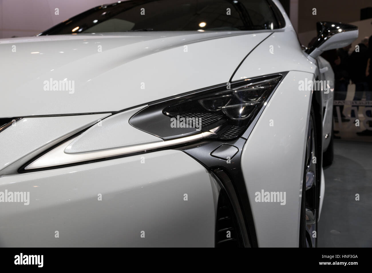 BRUSSELS - JAN 19, 2017: Headlight close up of the Lexus LC500h hybrid ...
