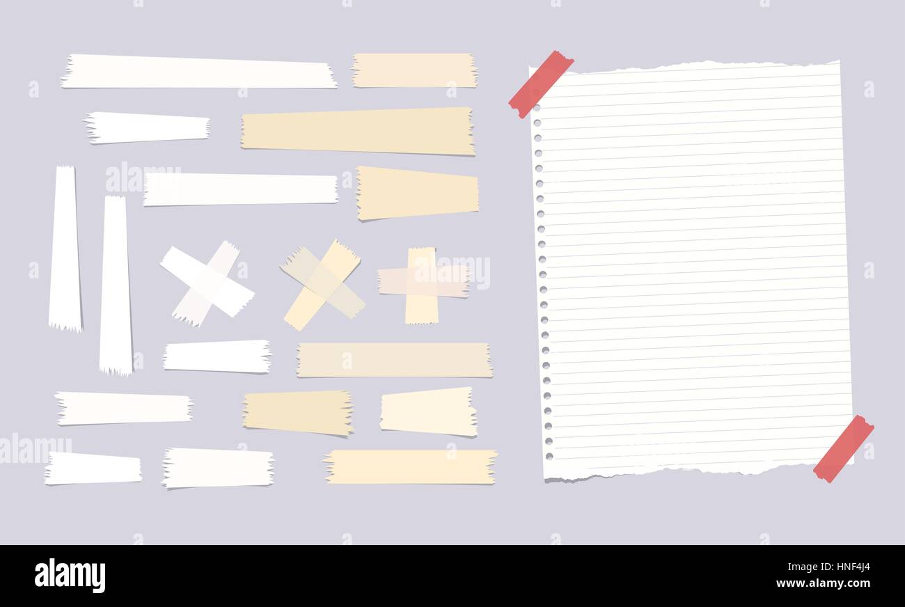 Sticky, adhesive masking tape, ripped note, notebook, copybook paper ...