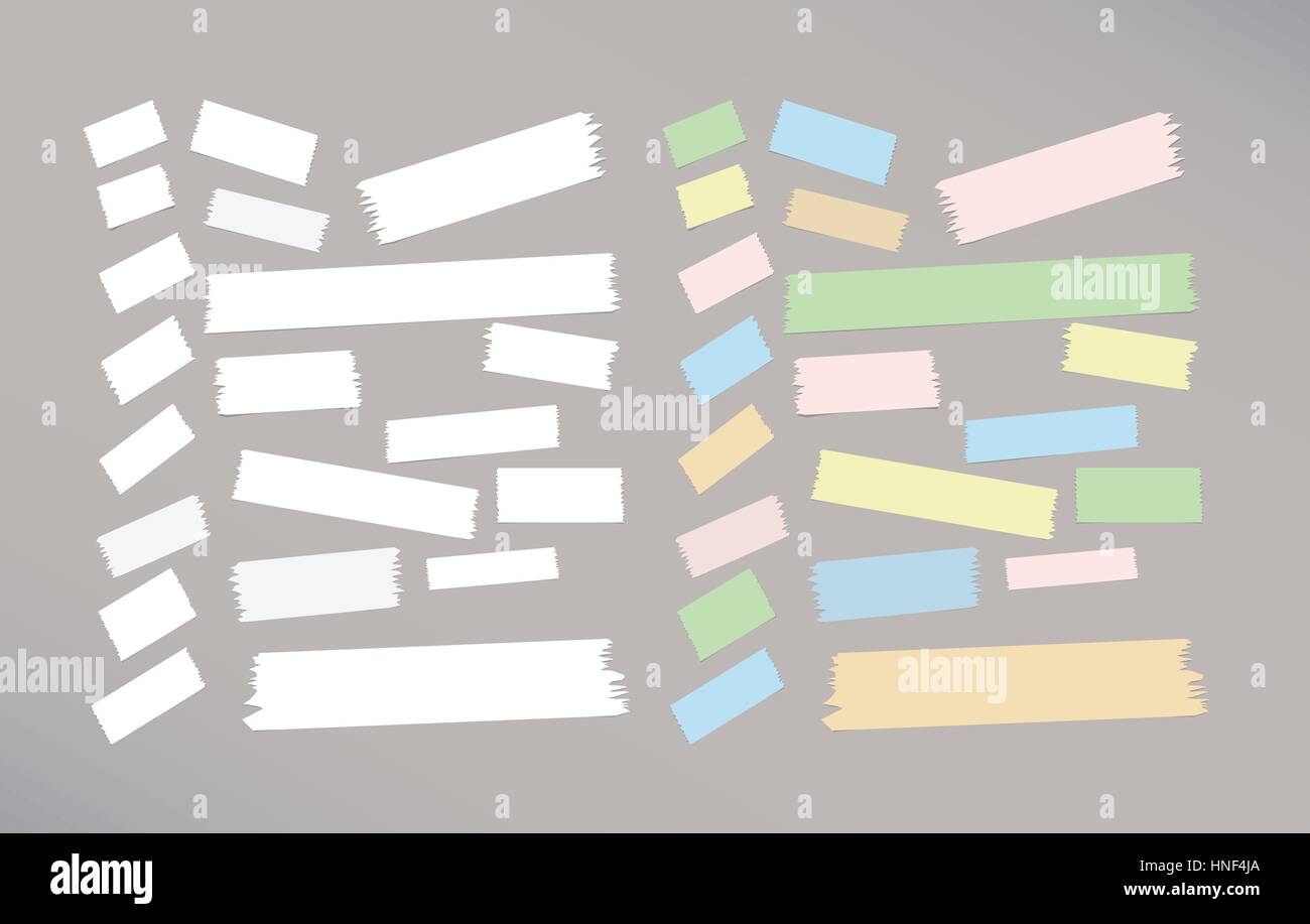 Different size colorful and white sticky paper, adhesive, masking tape ...