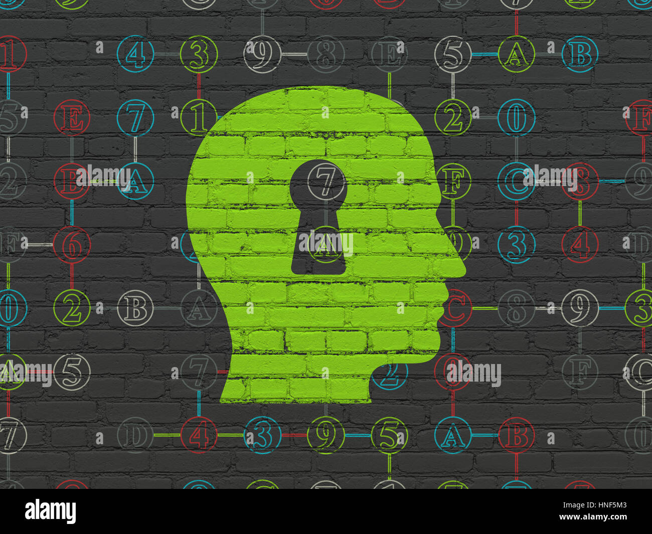 Data concept: Painted green Head With Keyhole icon on Black Brick wall background with Scheme Of ...