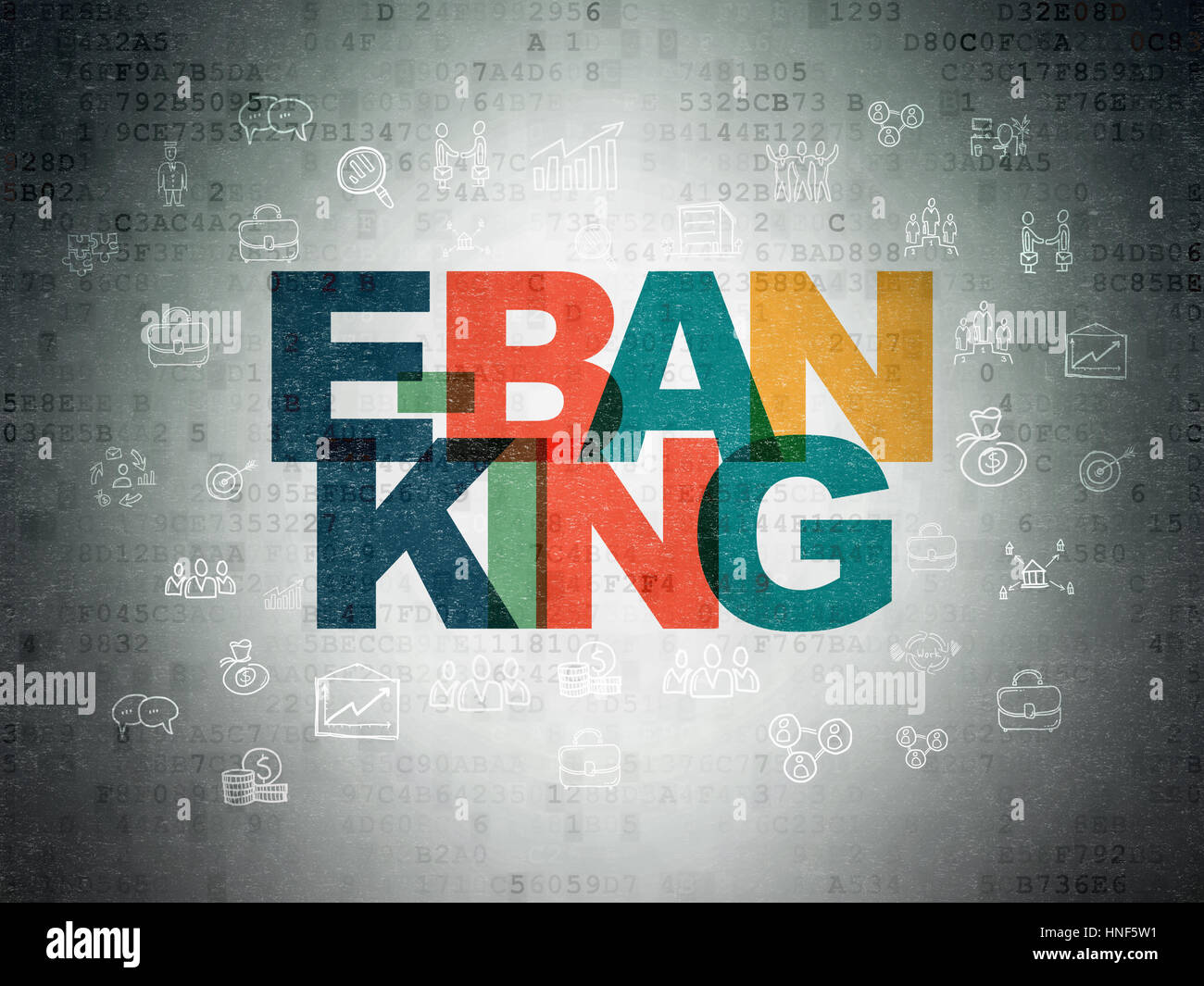Finance concept: Painted multicolor text E-Banking on Digital Data Paper background with Hand ...