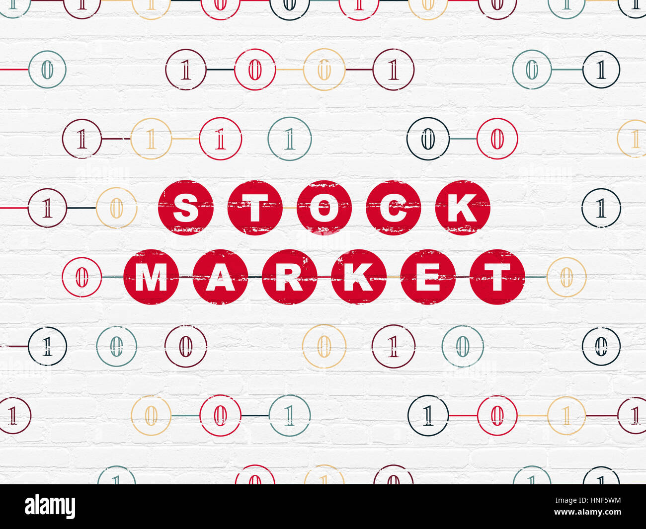 Business concept: Painted red text Stock Market on White Brick wall background with Binary Code ...