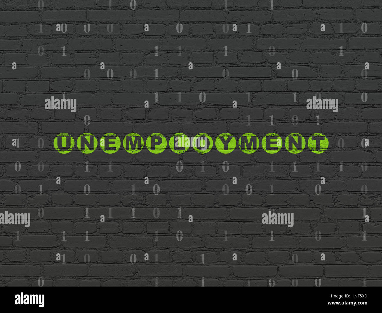 Business concept: Painted green text Unemployment on Black Brick wall background with Binary ...