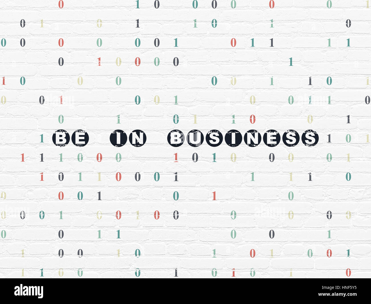 Business concept: Painted black text Be in business on White Brick wall background with Binary ...