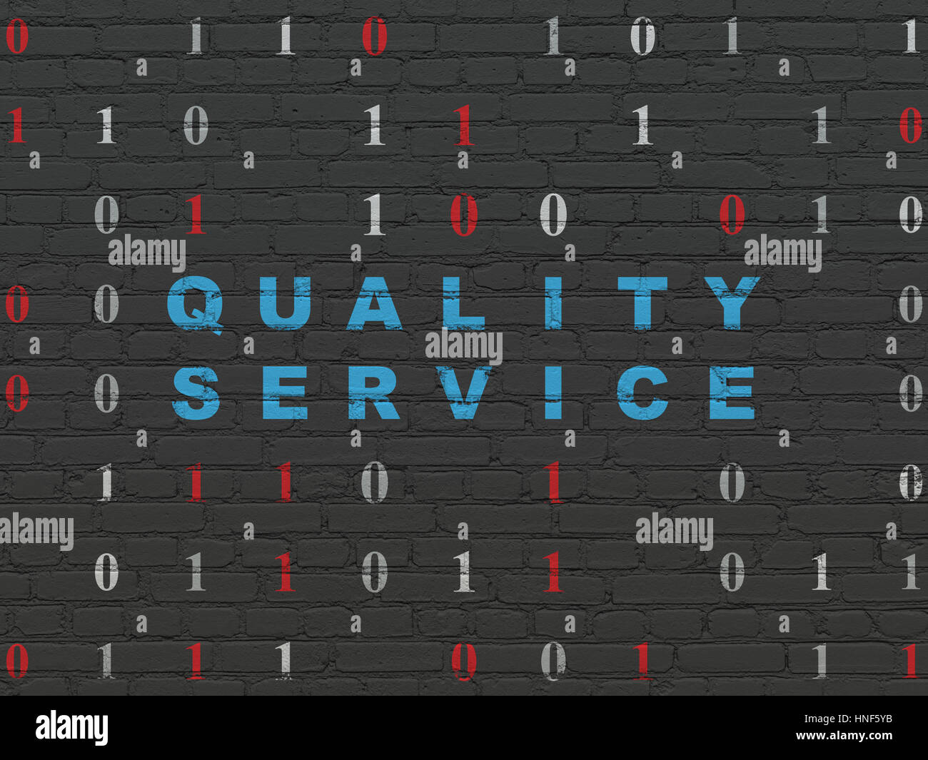 Business concept: Painted blue text Quality Service on Black Brick wall background with Binary ...