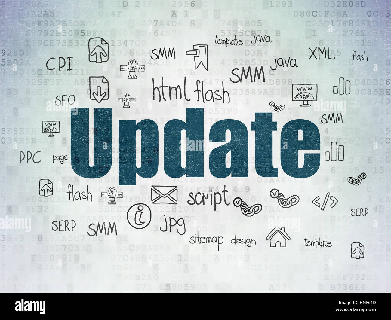 Web development concept: Painted blue text Update on Digital Data Paper ...
