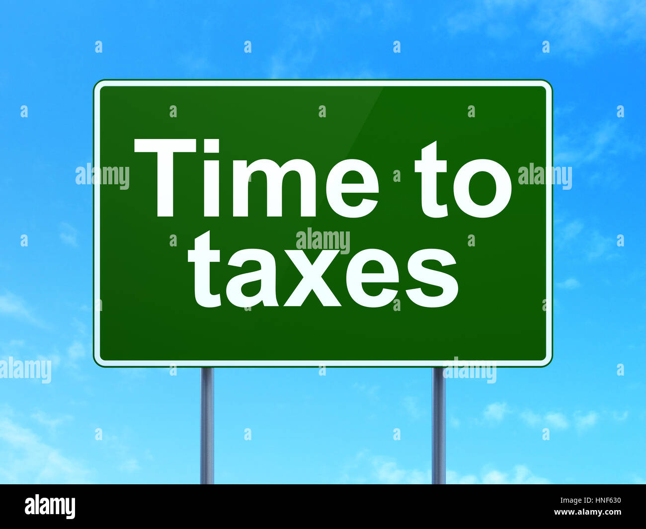 Timeline concept: Time To Taxes on green road highway sign, clear blue ...