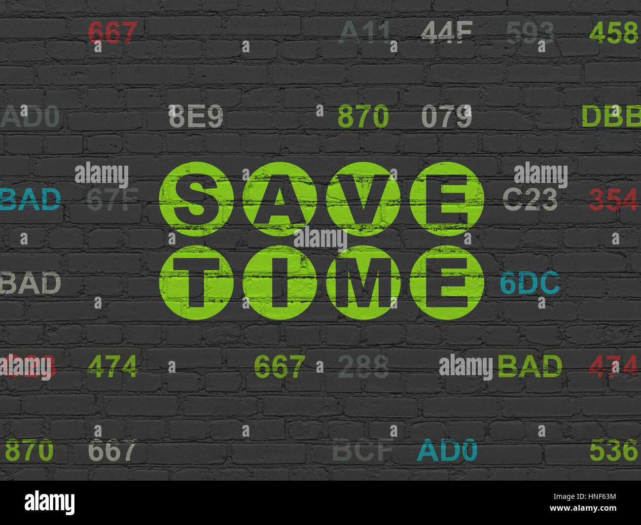 Time concept: Painted green text Save Time on Black Brick wall background with Hexadecimal Code ...