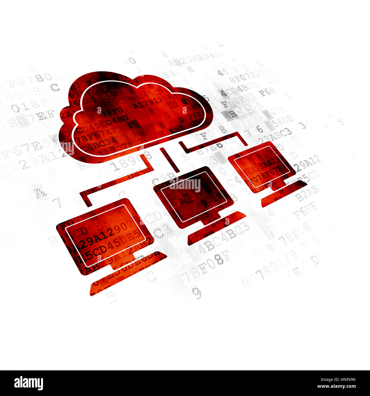 Cloud technology concept: Pixelated red Cloud Network icon on Digital ...