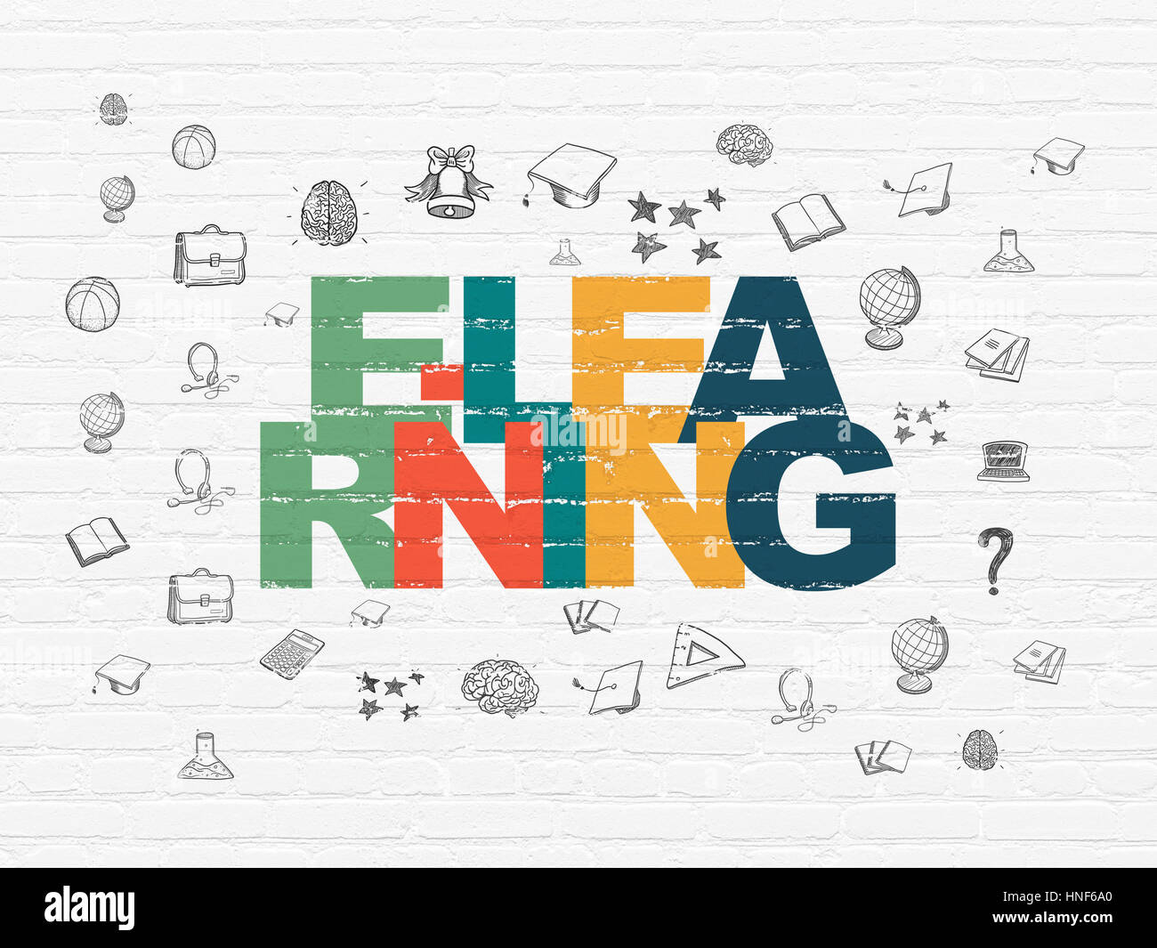 Learning concept: Painted multicolor text E-learning on White Brick ...