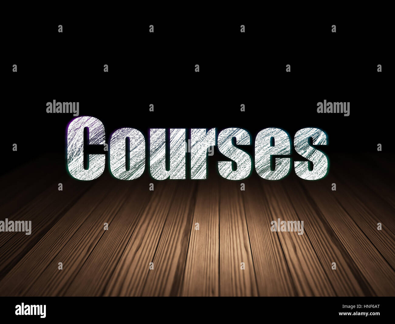 Education concept: Glowing text Courses in grunge dark room with Wooden ...
