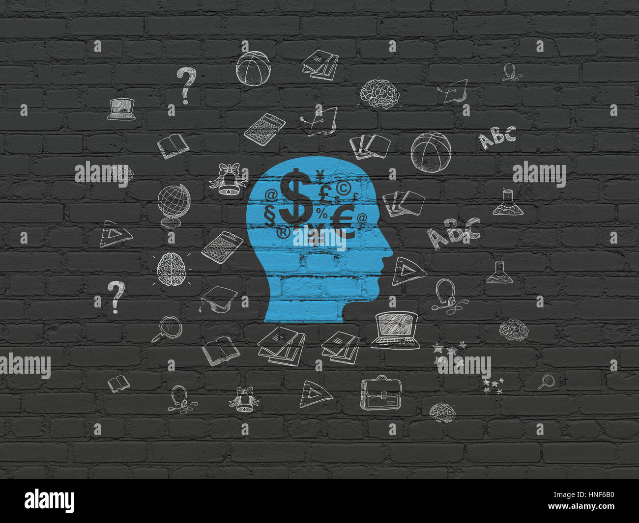 Learning concept: Painted blue Head With Finance Symbol icon on Black ...
