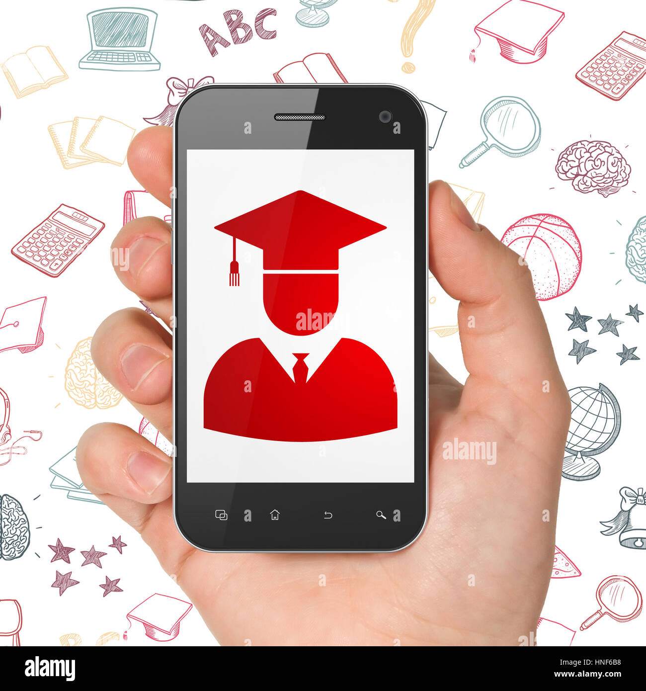 Studying concept: Hand Holding Smartphone with red Student icon on ...