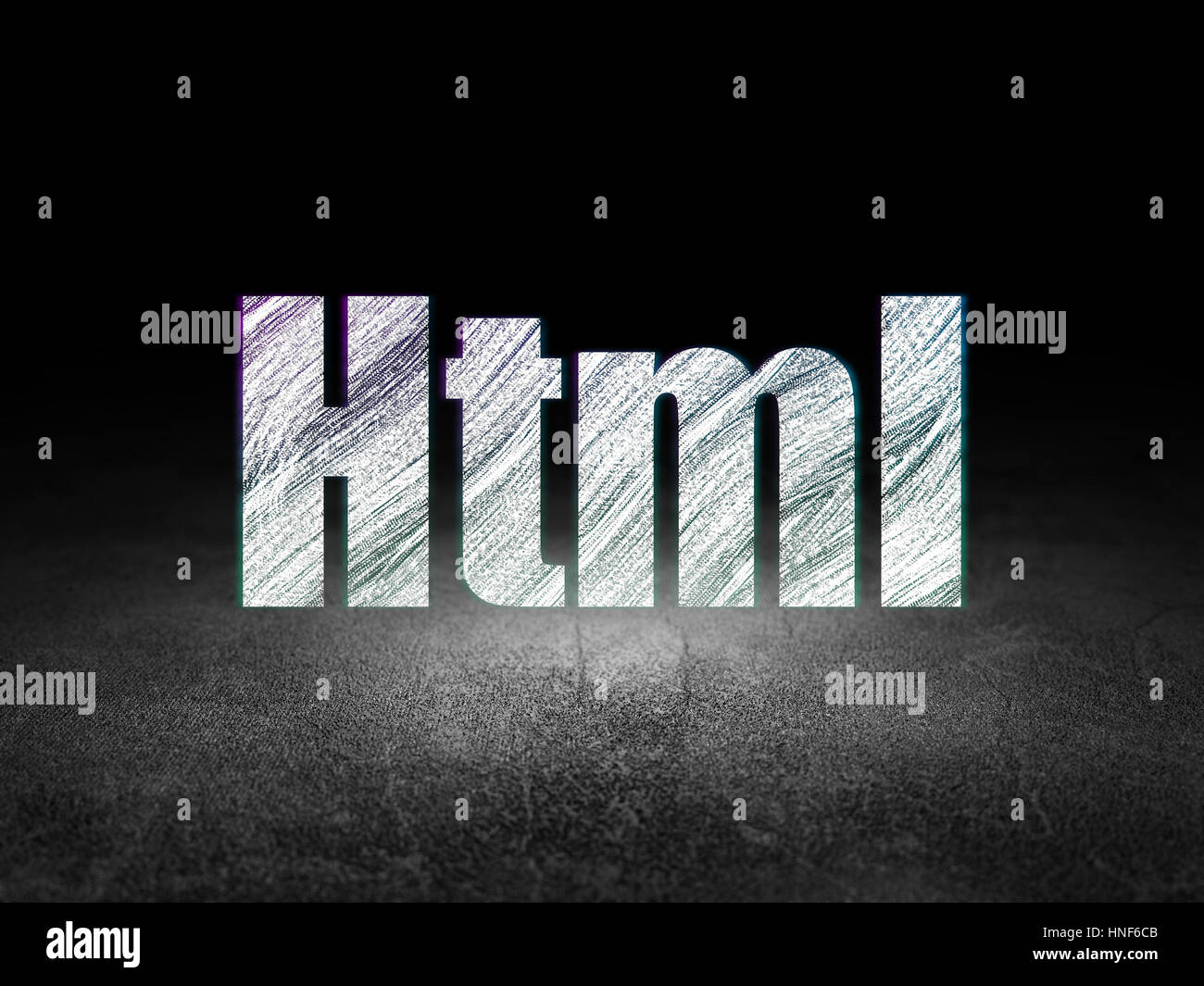Programming concept: Glowing text Html in grunge dark room with Dirty ...