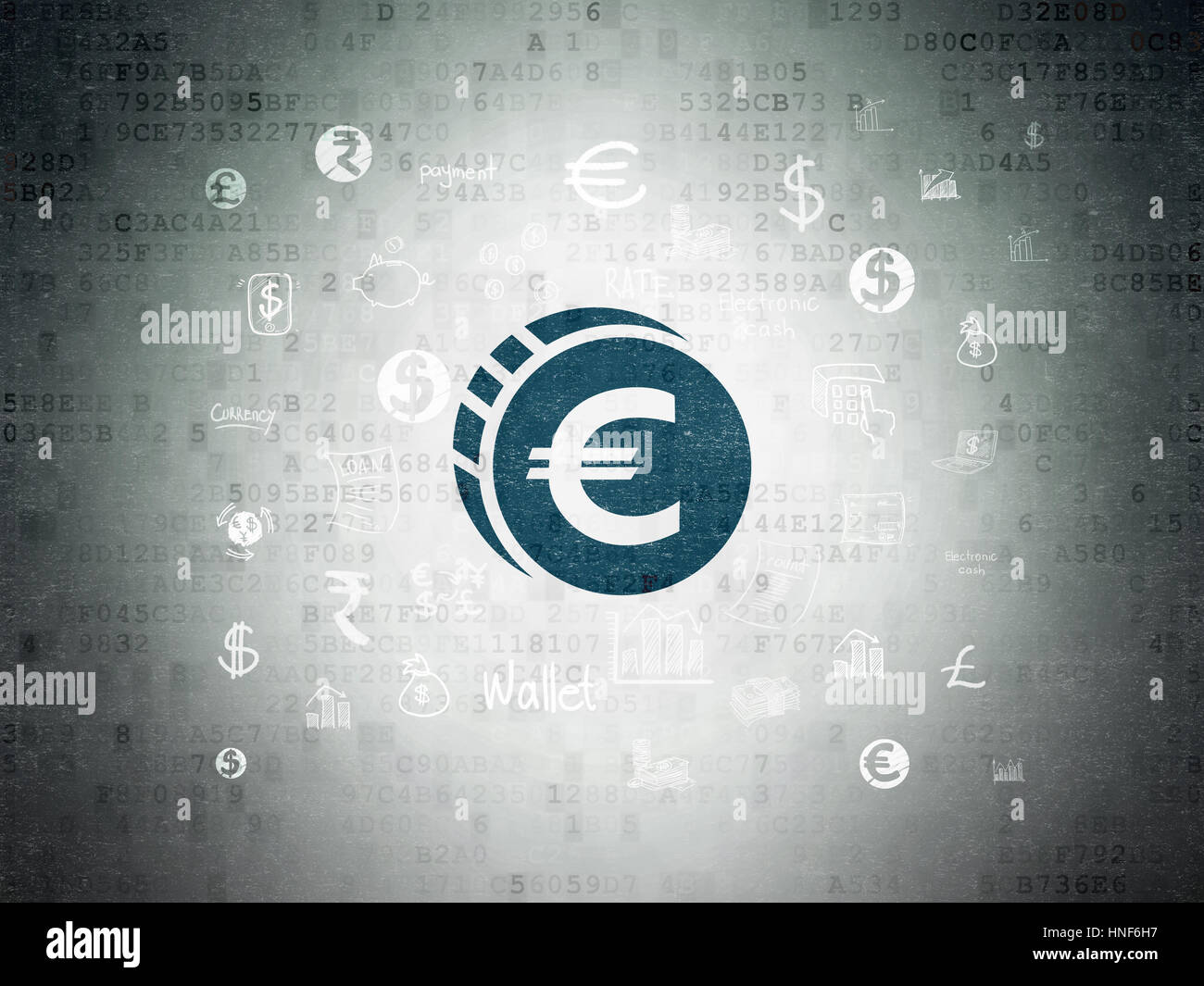 Money concept: Painted blue Euro Coin icon on Digital Data Paper background with Hand Drawn ...