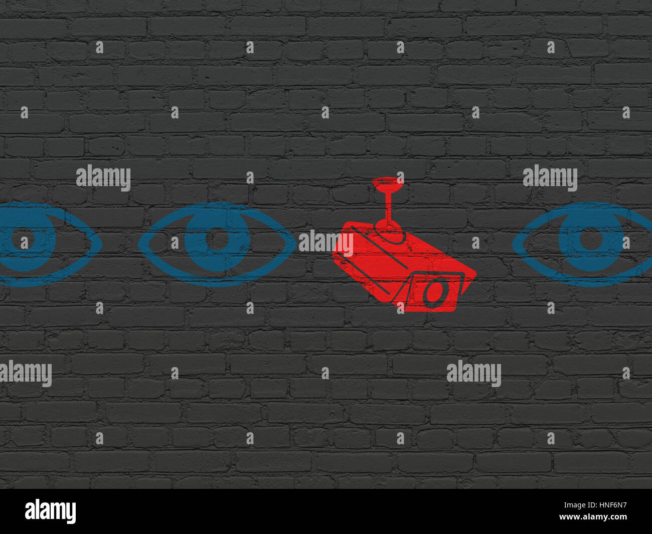 Protection concept: row of Painted blue eye icons around red cctv ...