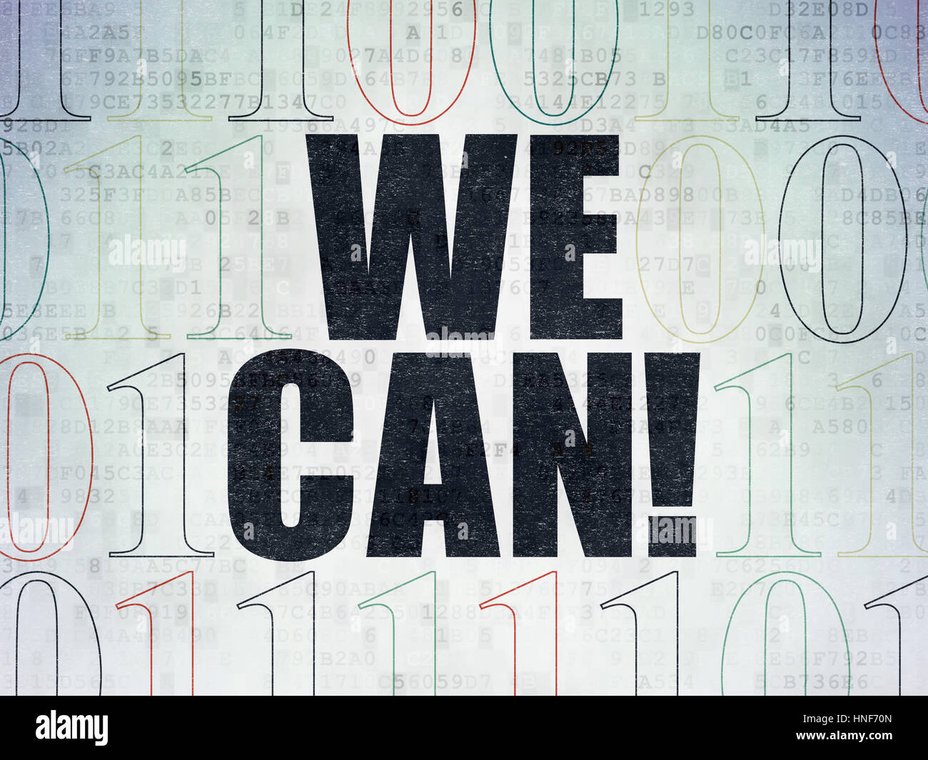 Business concept: Painted black text We Can! on Digital Data Paper background with Binary Code ...