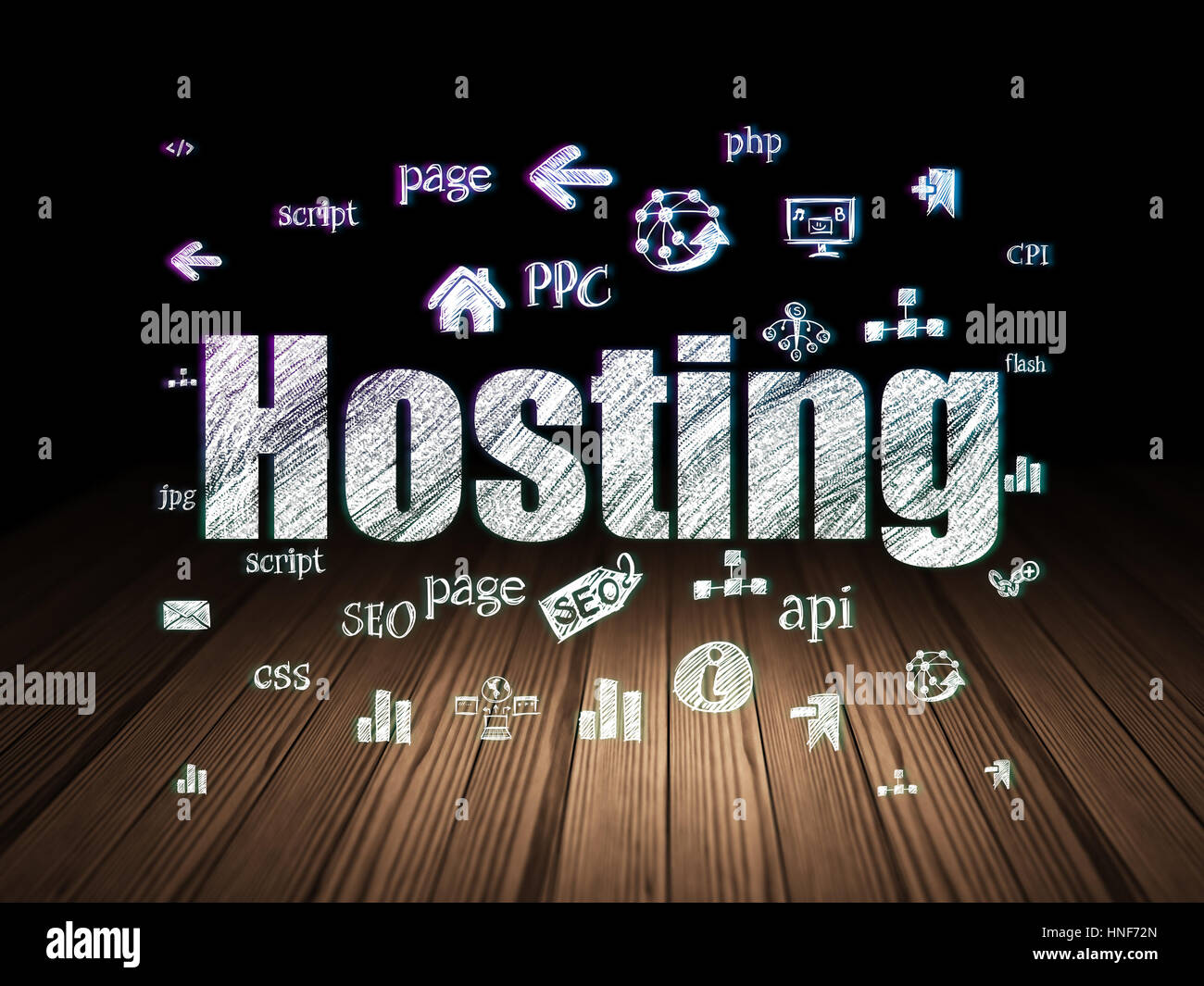 Web development concept: Glowing text Hosting, Hand Drawn Site ...