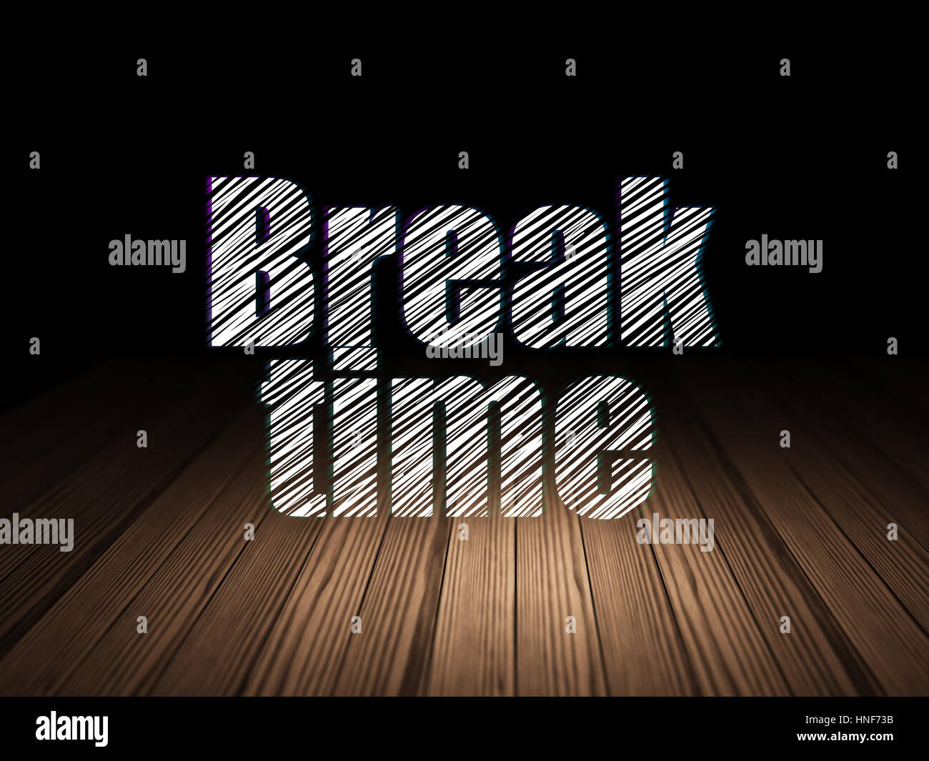 Timeline concept: Glowing text Break Time in grunge dark room with ...