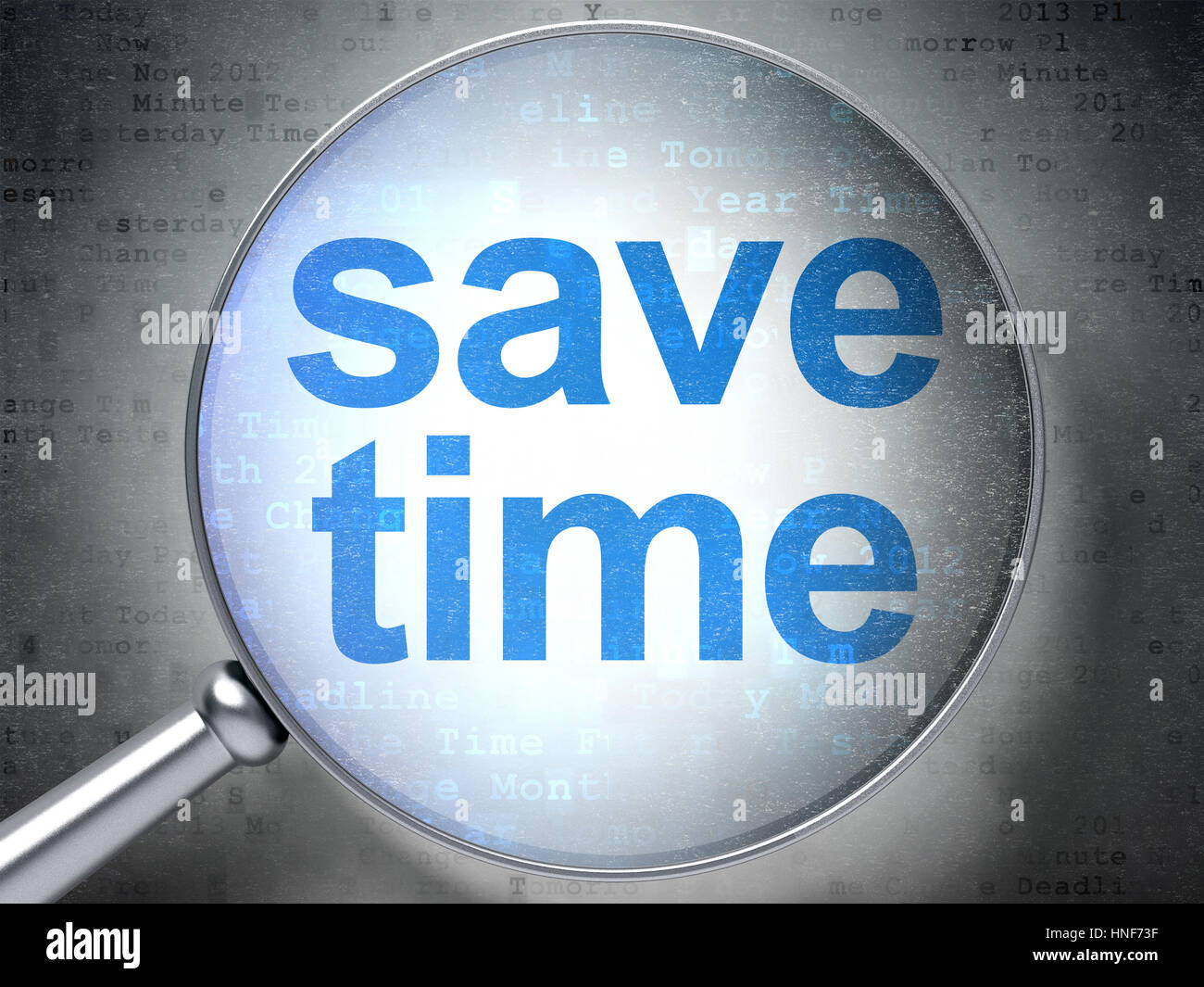 Time concept: magnifying optical glass with words Save Time on digital ...
