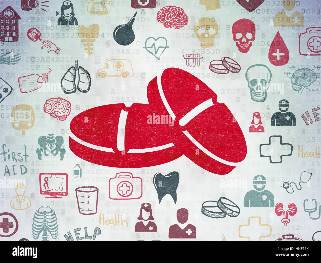 Health concept: Painted red Pills icon on Digital Data Paper background ...
