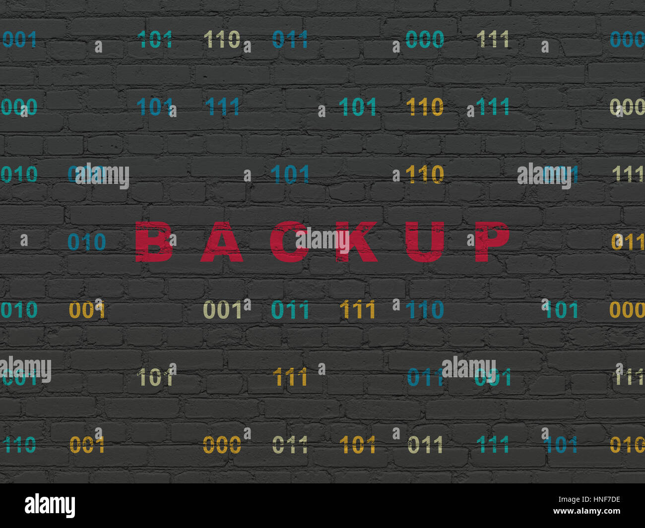 Software concept: Painted red text Backup on Black Brick wall background with Binary Code Stock ...