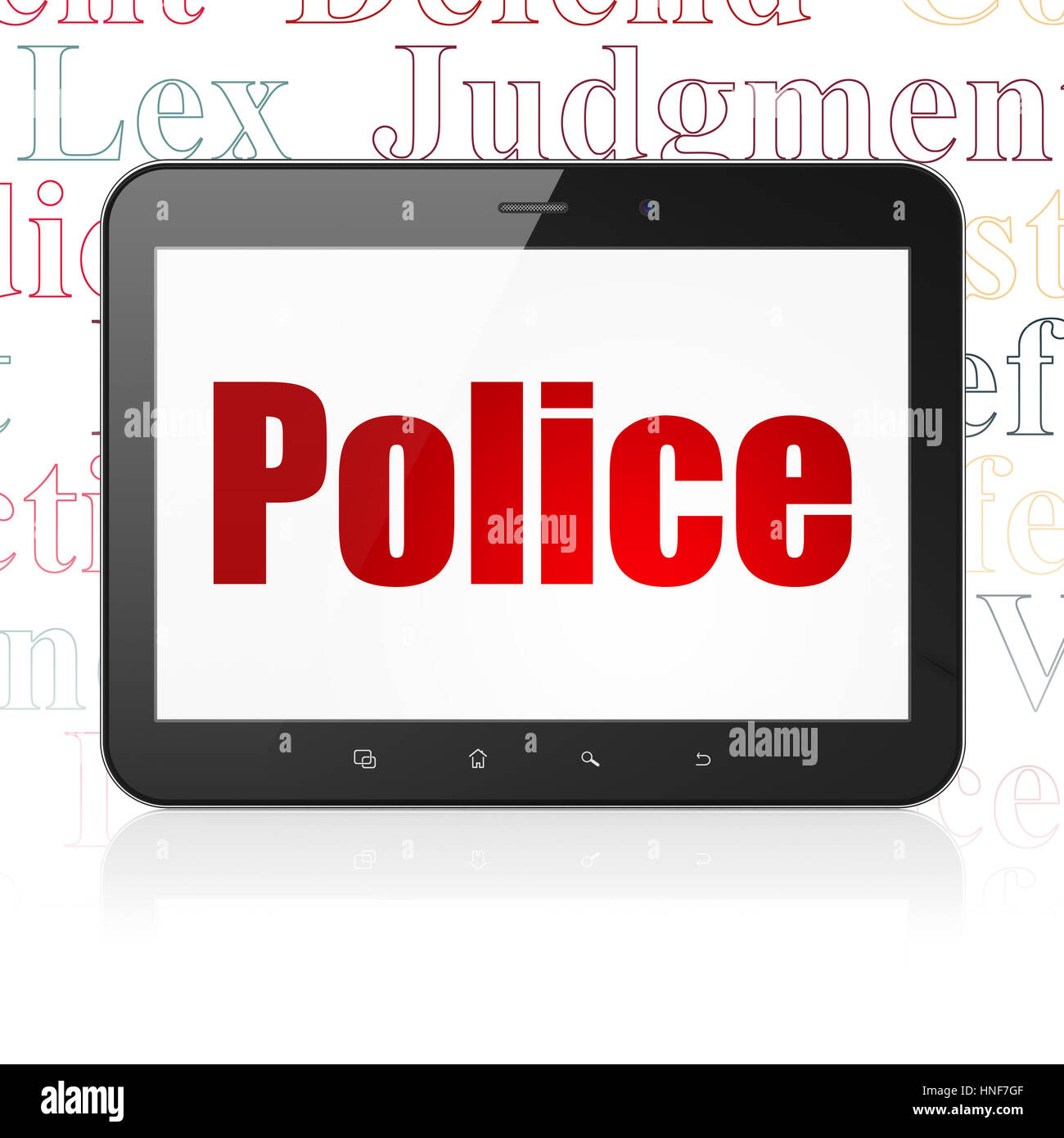 Law concept: Tablet Computer with red text Police on display, Tag Cloud ...
