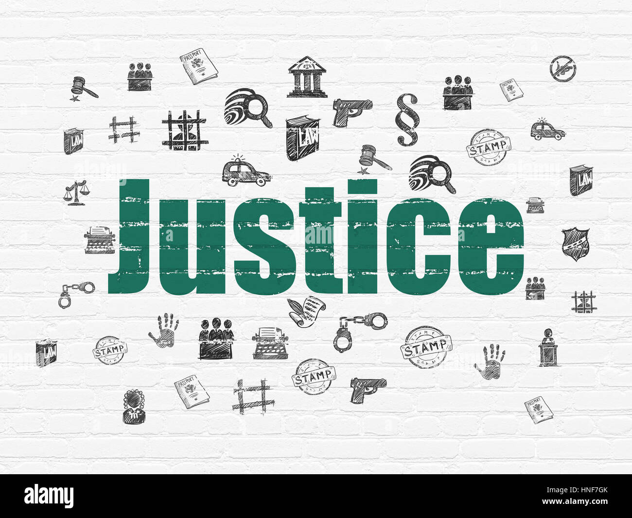 Law concept: Painted green text Justice on White Brick wall background ...