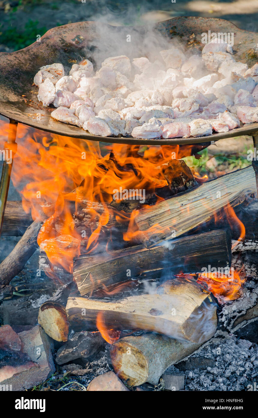 Outdoor frying pork meat on a wood fire with flames Stock Photo - Alamy
