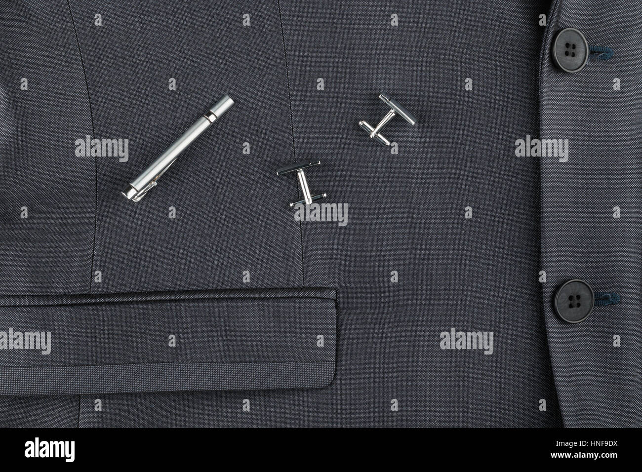 Classic suit, cufflinks and tie clip, close-up. View from above Stock ...