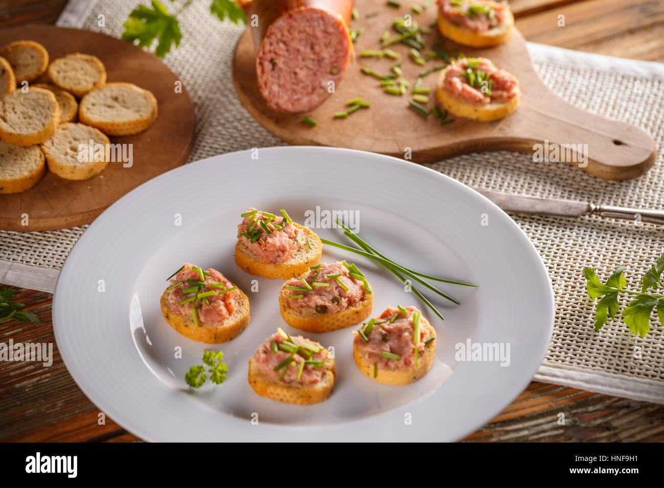 Bruschetta with meat spread make for appetizer plate Stock Photo - Alamy