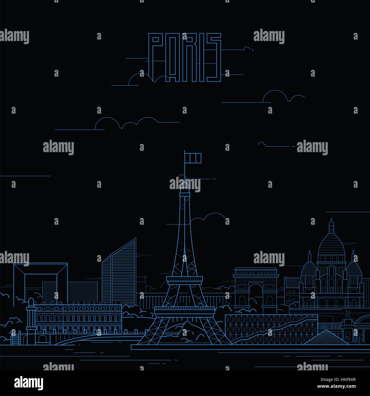 Paris city with iconic buildings. Line art flat design. Vector ...