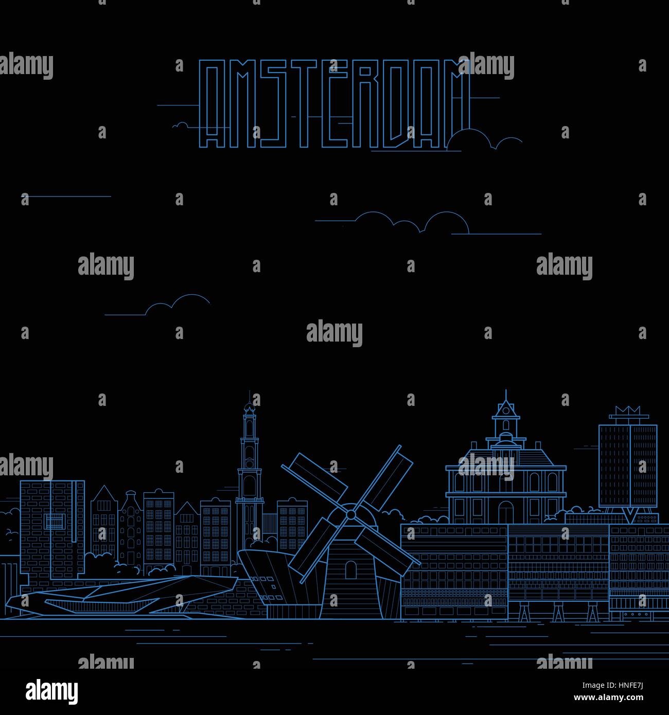 Amsterdam city with iconic buildings. Line art flat design. Vector ...