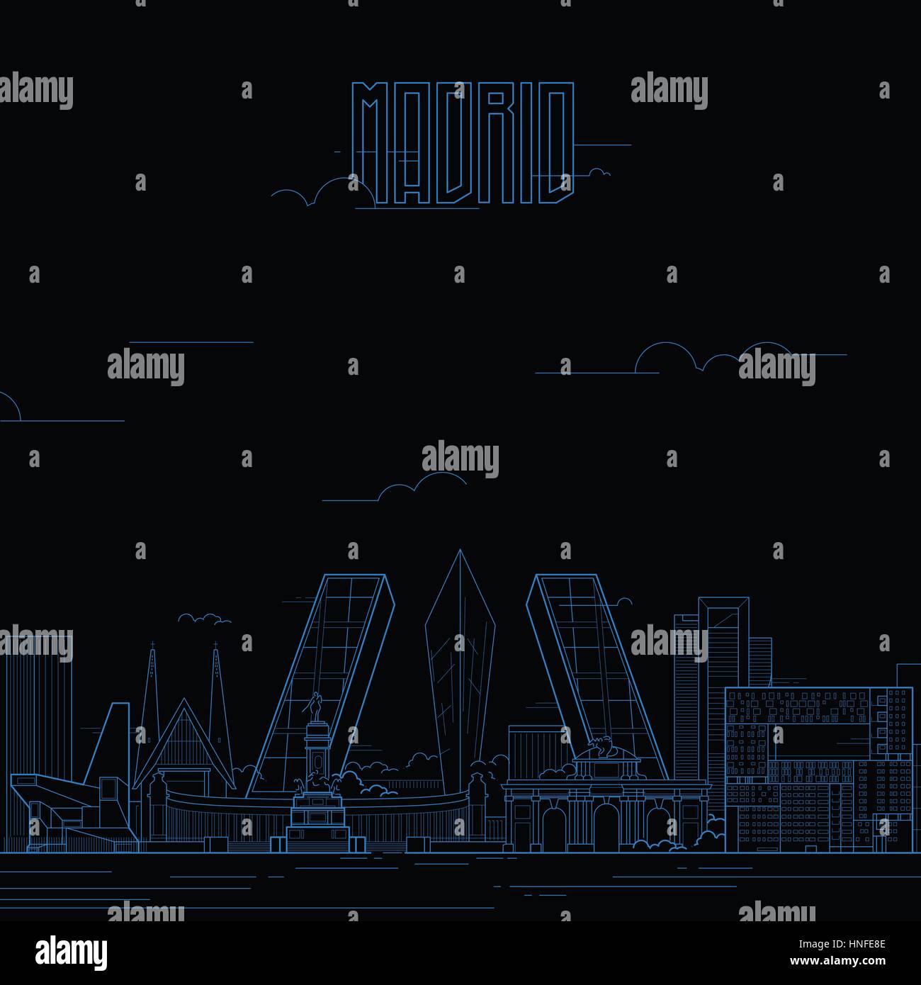 Madrid city with iconic buildings. Line art flat design. Vector ...
