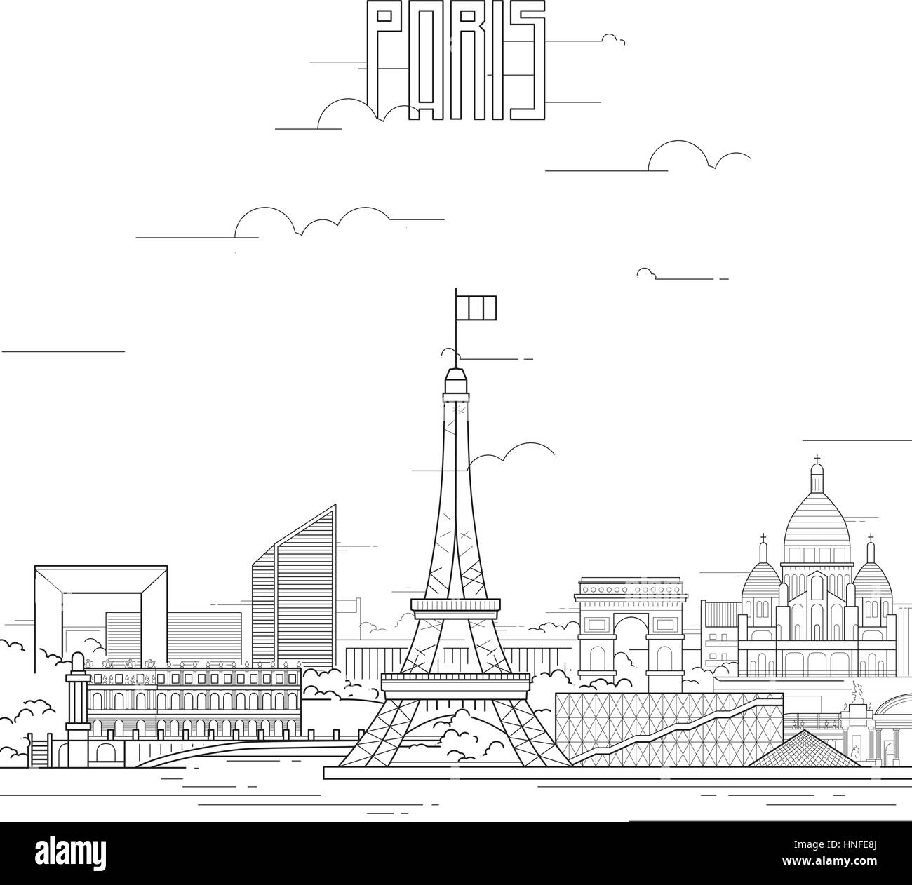 Paris city with iconic buildings. Line art flat design. Vector ...