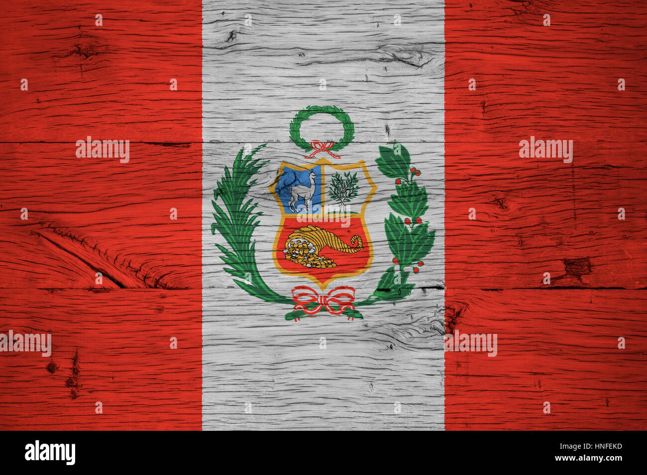 Peru national flag painted on old oak wood. Painting is colorful on ...