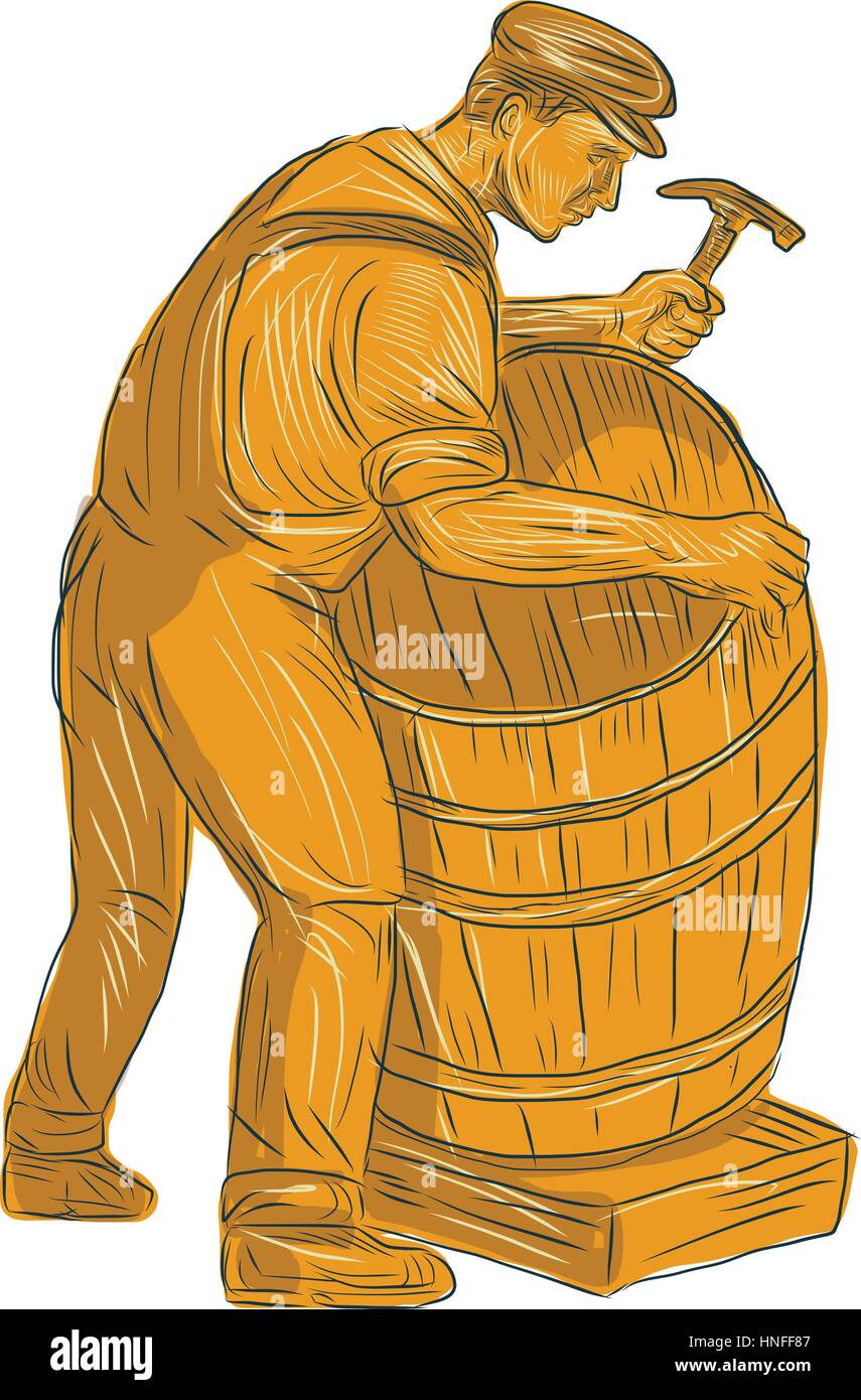 Drawing sketch style illustration of a cooper with hammer making a ...