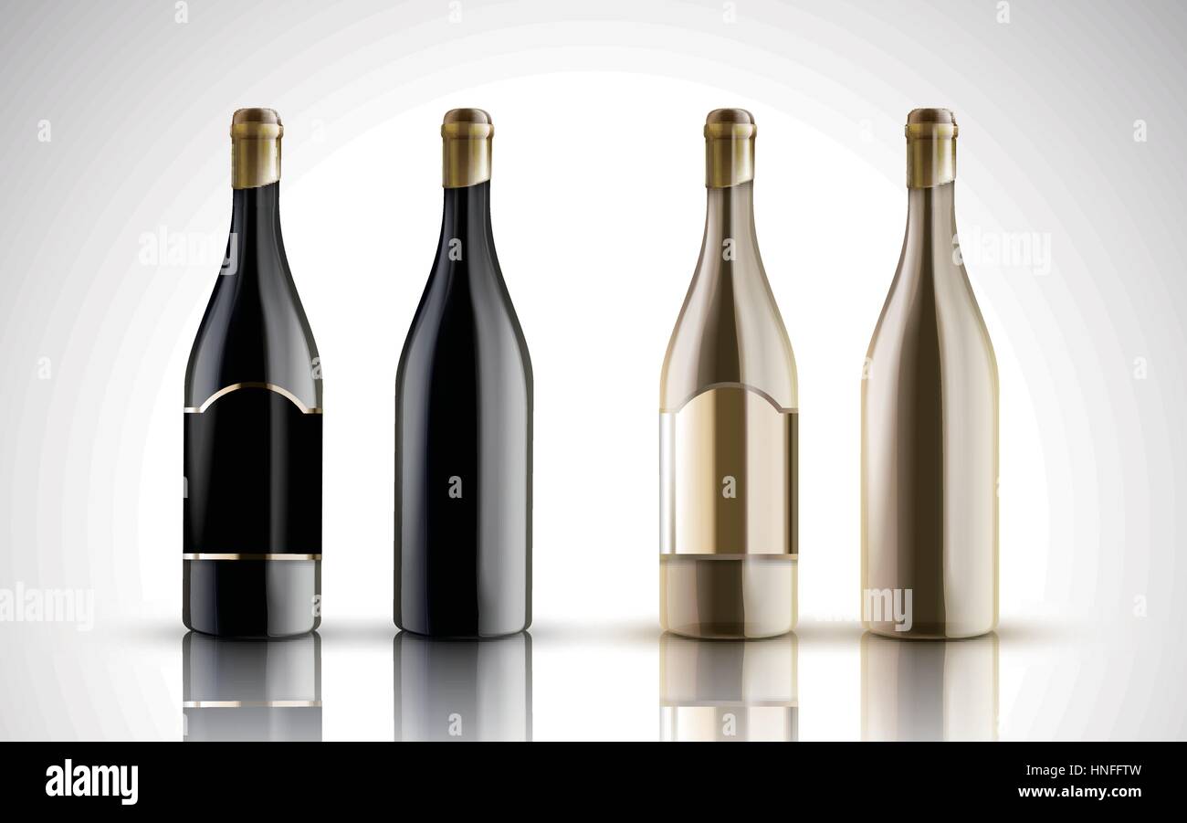 four wine bottles, two black bottles on the left and two silver on the ...