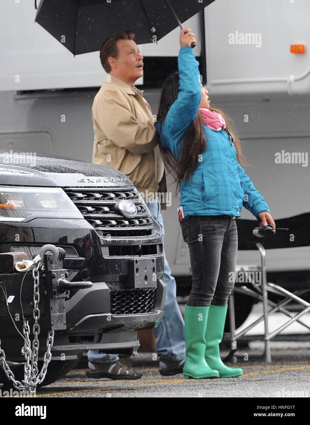 Johnny Depp on set filming 'LAbyrinth' in the rain Featuring: Johnny ...