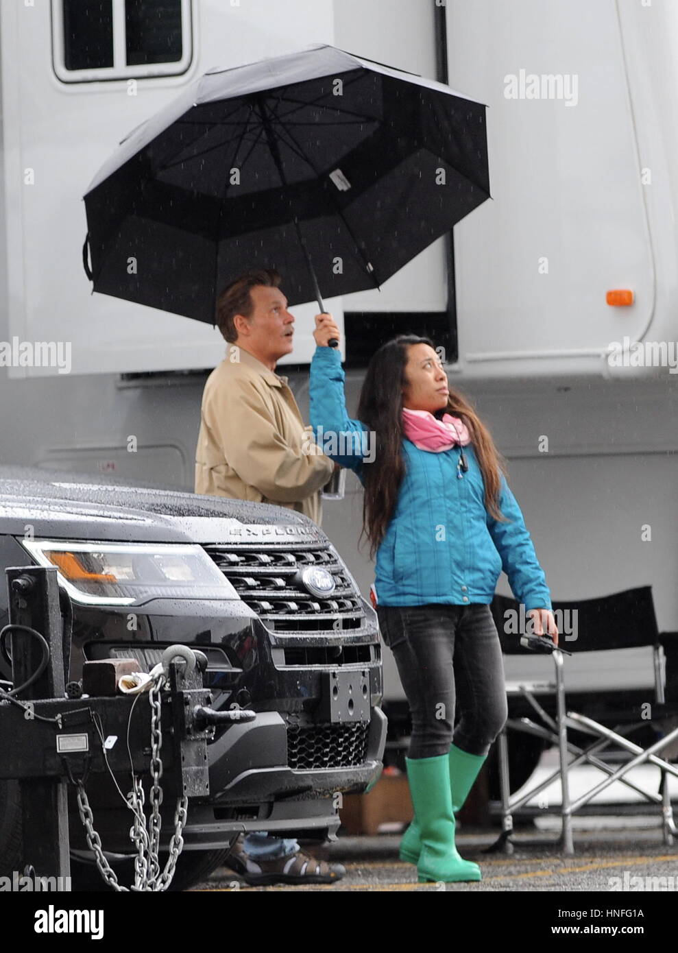 Johnny Depp on set filming 'LAbyrinth' in the rain Featuring: Johnny ...