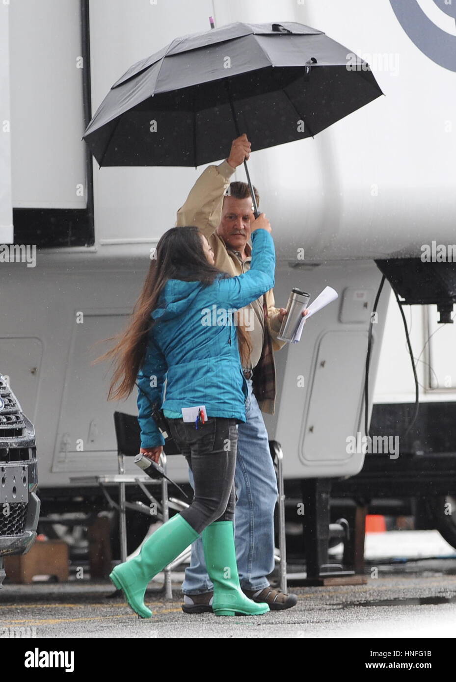 Johnny Depp on set filming 'LAbyrinth' in the rain Featuring: Johnny ...