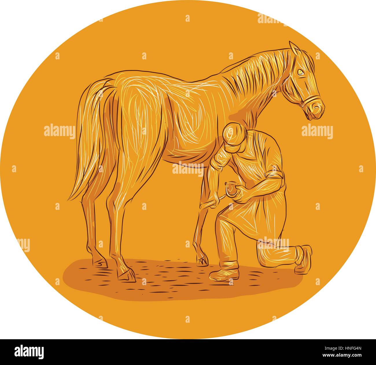 Drawing sketch style illustration of a farrier, specialist in equine ...