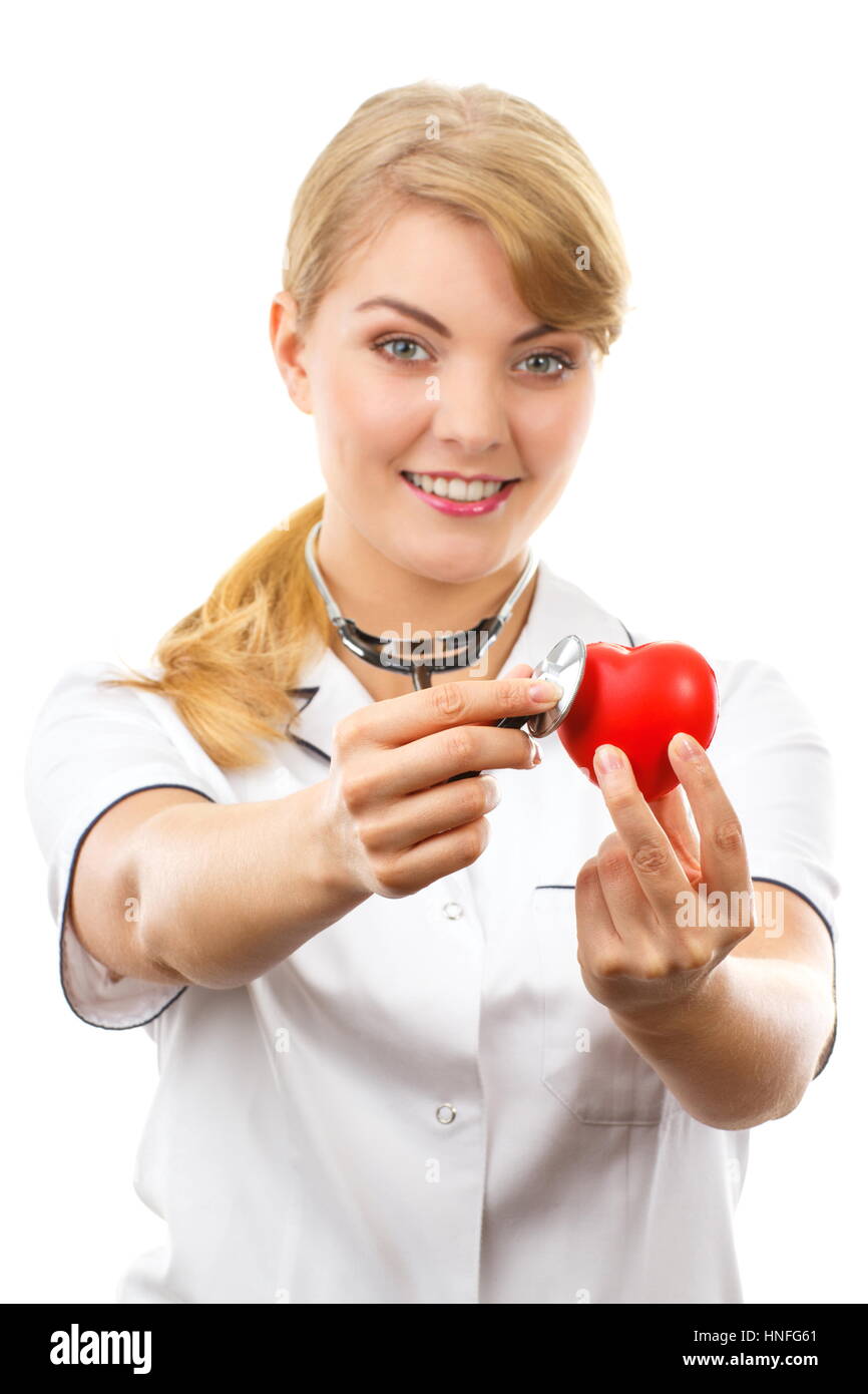 Smiling Woman Doctor Cardiologist In White Apron With Stethoscope