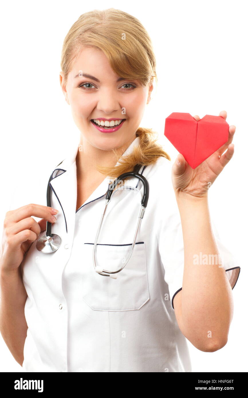 Smiling woman doctor cardiologist in white apron with stethoscope ...