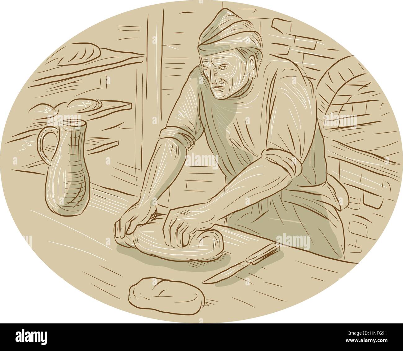 Drawing sketch style illustration of a baker chef cook in medieval ...