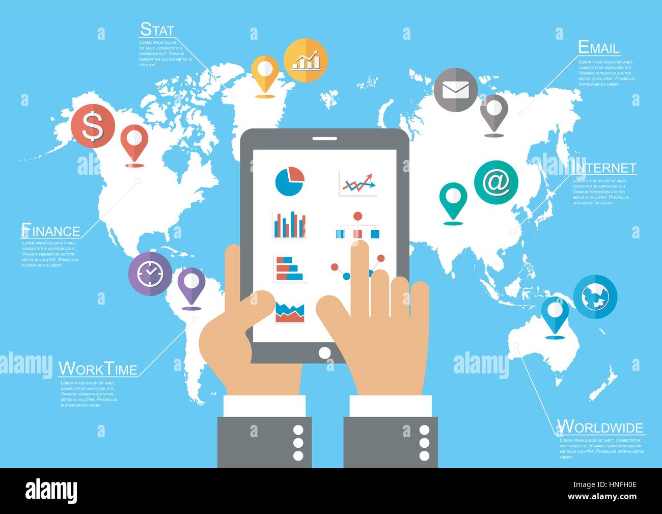Businessman hold tablet and world map with location pointer ...