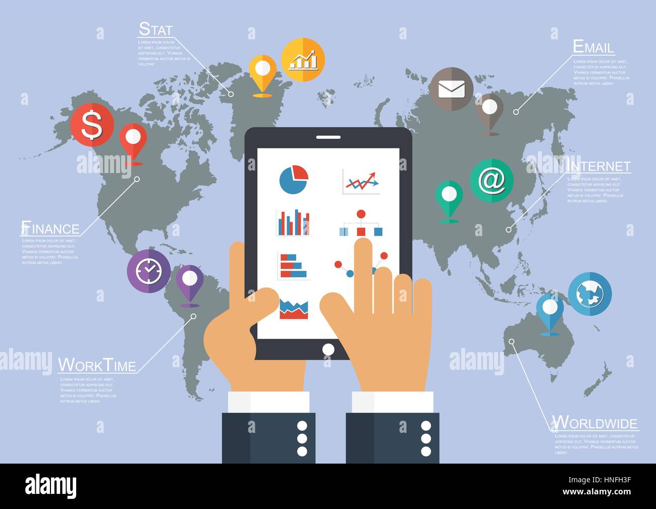 Businessman hold tablet and world map with location pointer ...