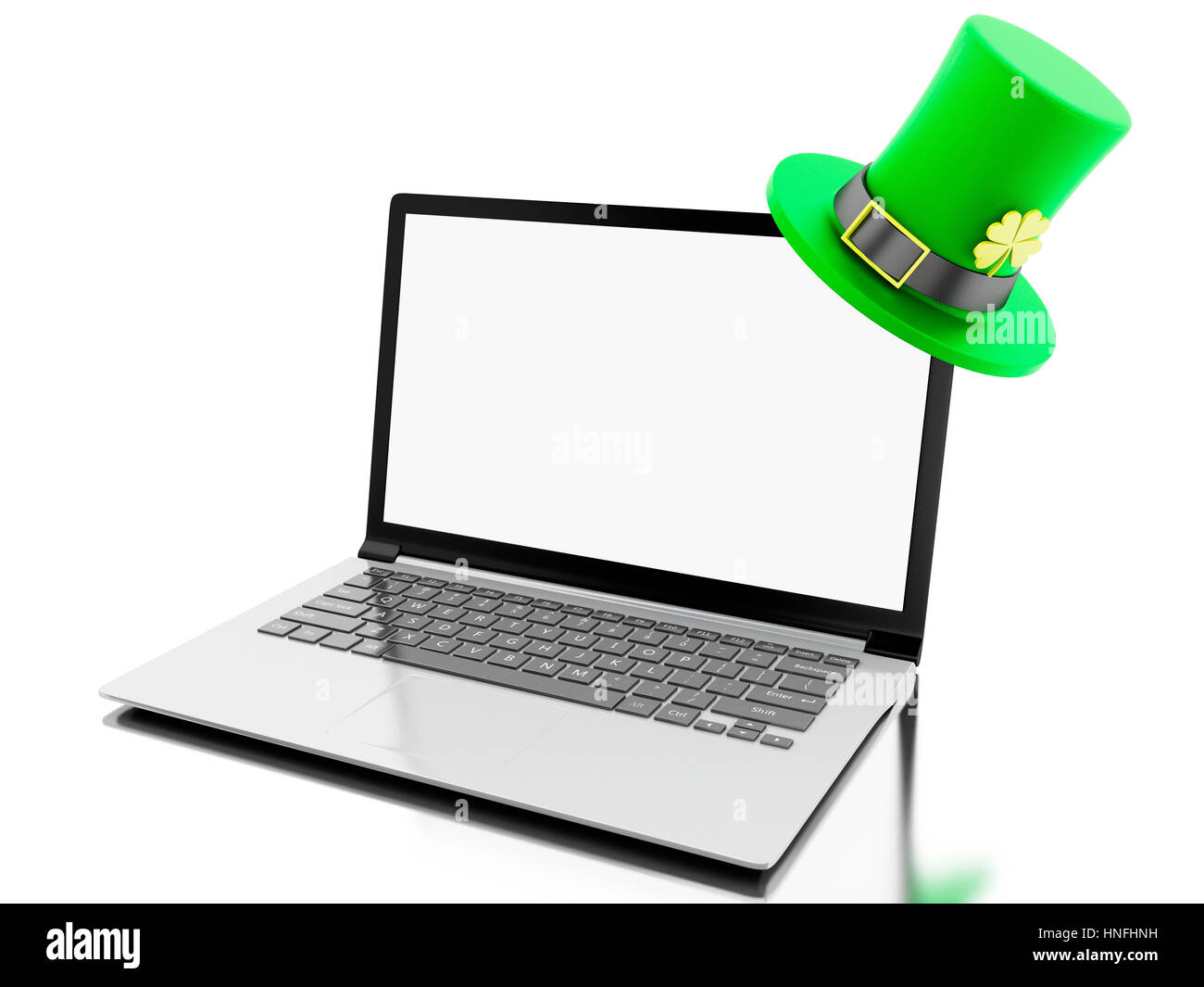 3d illustration. Laptop with blank screen with St. Patrick's hat. St ...