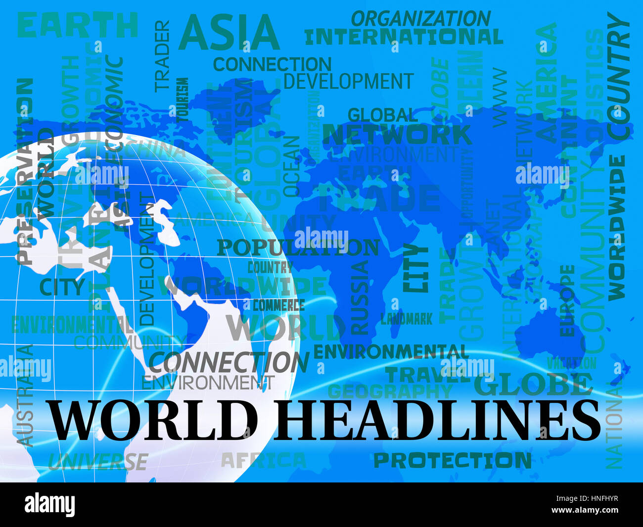 World Headlines Words And Map Indicating Global Newsletter 3d ...